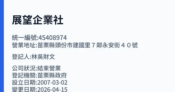 展望企業社的照片-統編 45408974(苗栗縣) 公司登記資料與營業項目詳細圖表
