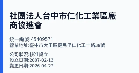 社團法人台中市仁化工業區廠商協進會的照片-統編 45409571(臺中市) 公司登記資料與營業項目詳細圖表