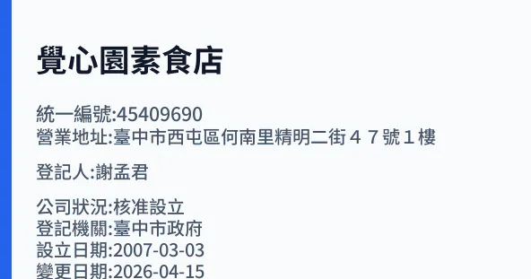 覺心園素食店的照片-統編 45409690(臺中市) 公司登記資料與營業項目詳細圖表