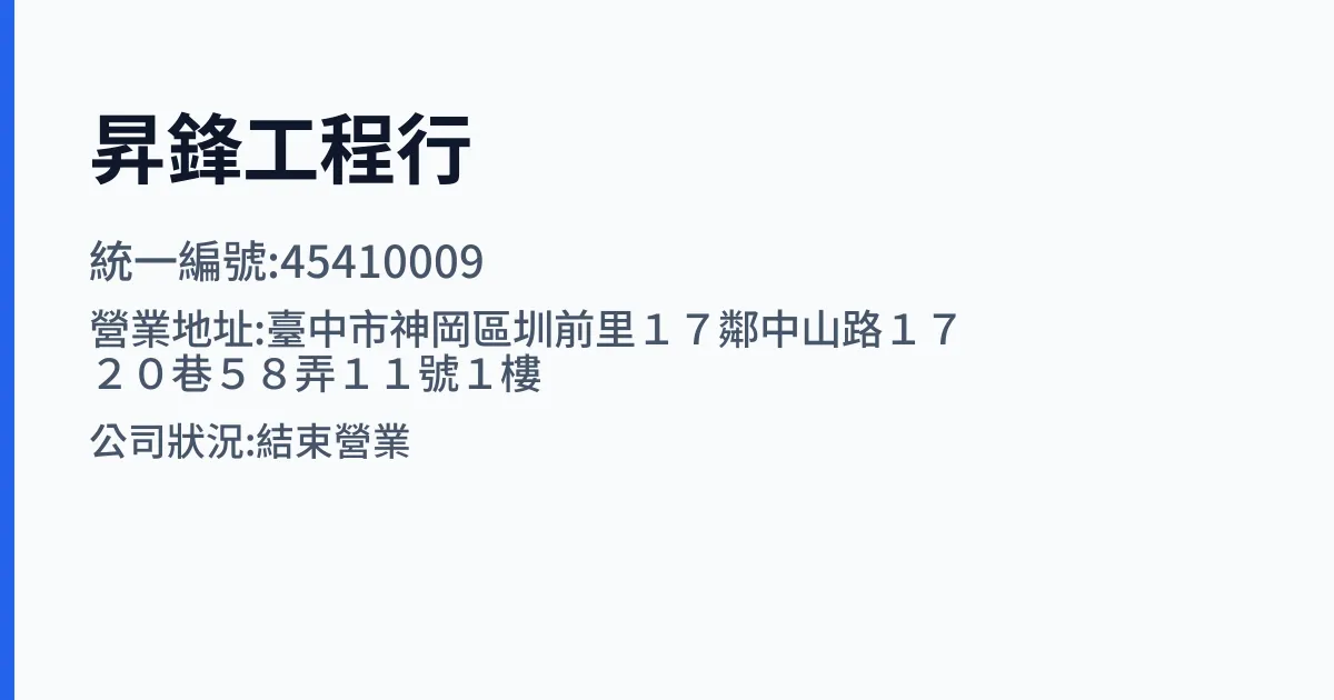 昇鋒工程行 - 統編 45410009(臺中市) 公司登記資料與營業項目詳細圖表