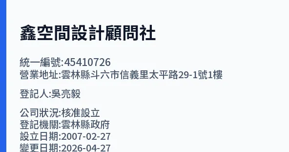 鑫空間設計顧問社的照片-統編 45410726(雲林縣) 公司登記資料與營業項目詳細圖表