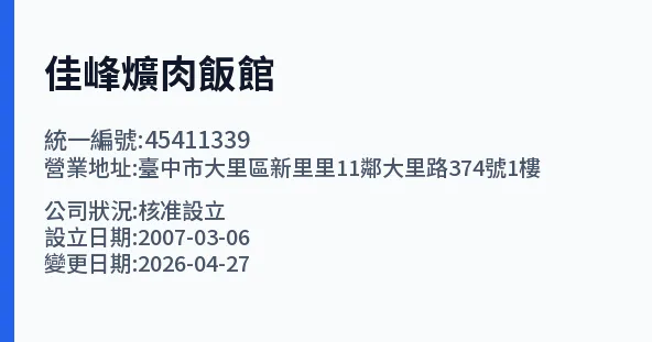 佳峰爌肉飯館的照片-統編 45411339(臺中市) 公司登記資料與營業項目詳細圖表