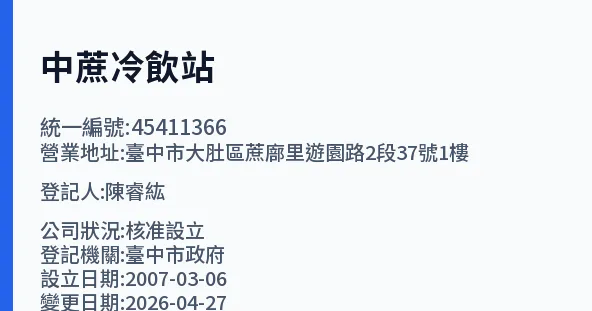 中蔗冷飲站的照片-統編 45411366(臺中市) 公司登記資料與營業項目詳細圖表