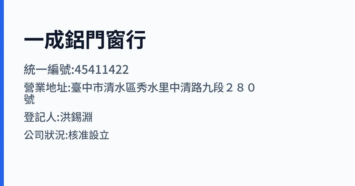 一成鋁門窗行 - 統編 45411422(臺中市) 公司登記資料與營業項目詳細圖表