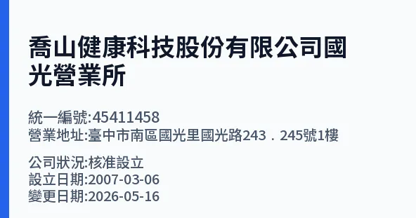 喬山健康科技股份有限公司國光營業所的照片-統編 45411458(臺中市) 公司登記資料與營業項目詳細圖表