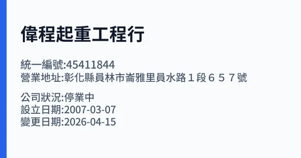 偉程起重工程行的照片-統編 45411844(彰化縣) 公司登記資料與營業項目詳細圖表