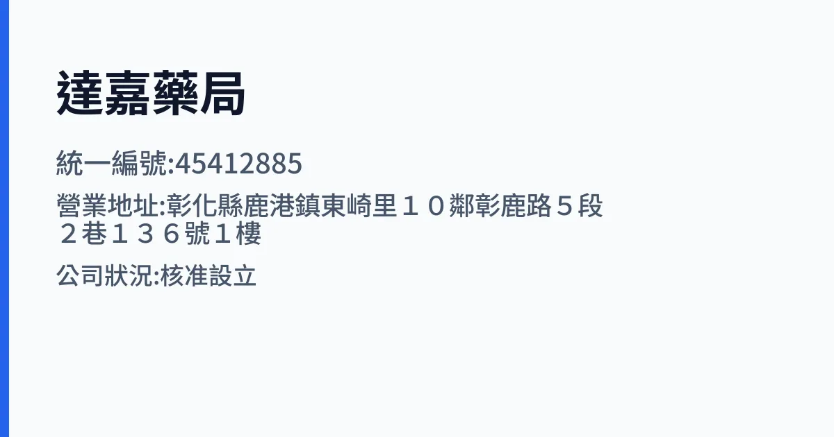 達嘉藥局 - 統編 45412885(彰化縣) 公司登記資料與營業項目詳細圖表