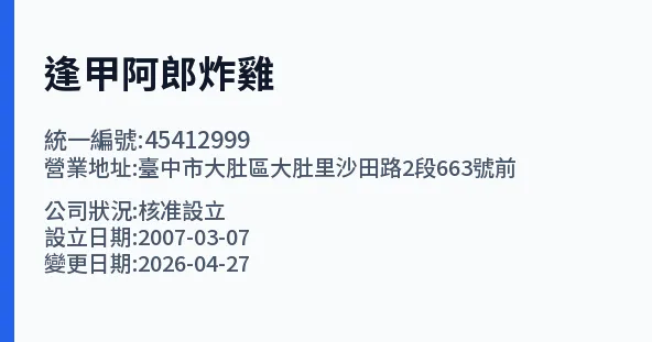 逢甲阿郎炸雞的照片-統編 45412999(臺中市) 公司登記資料與營業項目詳細圖表