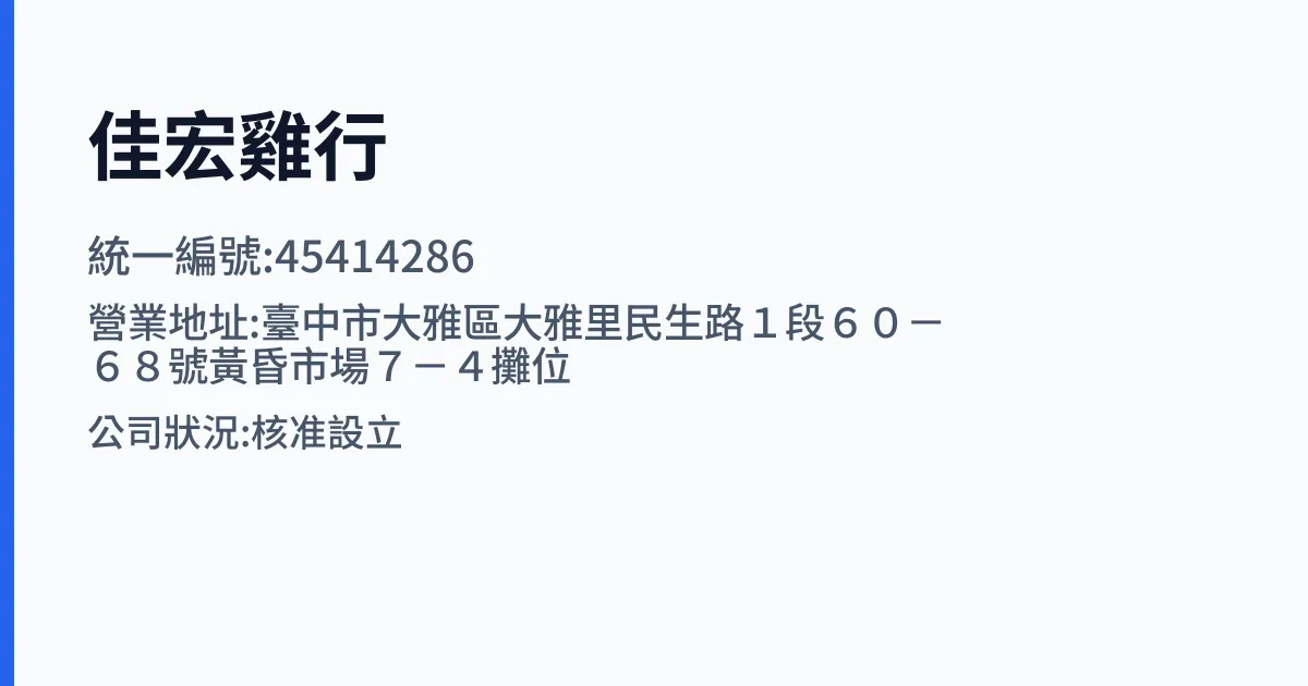 佳宏雞行 - 統編 45414286(臺中市) 公司登記資料與營業項目詳細圖表