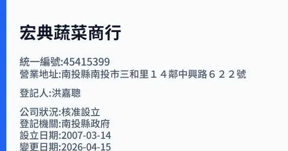 宏典蔬菜商行的照片-統編 45415399(南投縣) 公司登記資料與營業項目詳細圖表