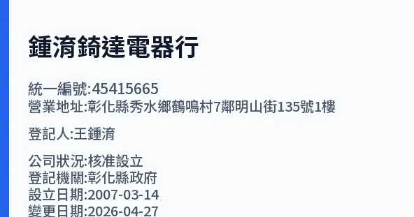 鍾淯錡達電器行的照片-統編 45415665(彰化縣) 公司登記資料與營業項目詳細圖表