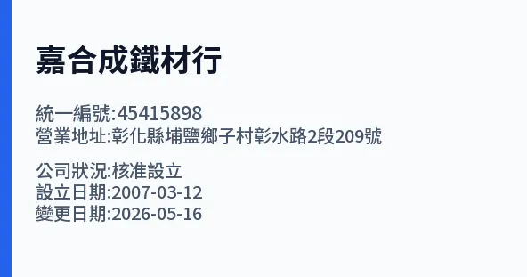 嘉合成鐵材行的照片-統編 45415898(彰化縣) 公司登記資料與營業項目詳細圖表