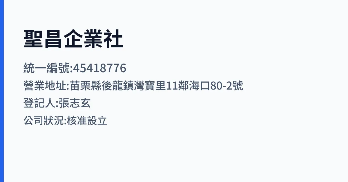 聖昌企業社 - 統編 45418776(苗栗縣) 公司登記資料與營業項目詳細圖表
