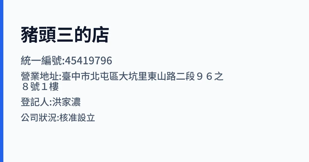 豬頭三的店 - 統編 45419796(臺中市) 公司登記資料與營業項目詳細圖表