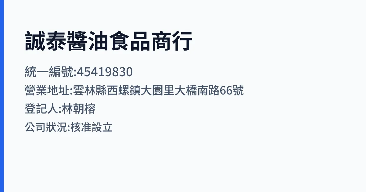 誠泰醬油食品商行 - 統編 45419830(雲林縣) 公司登記資料與營業項目詳細圖表