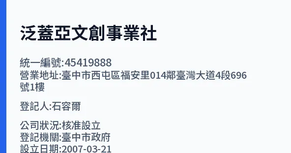 泛蓋亞文創事業社的照片-統編 45419888(臺中市) 公司登記資料與營業項目詳細圖表