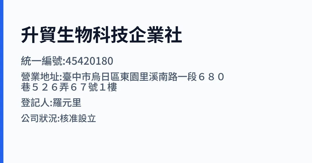 升貿生物科技企業社 - 統編 45420180(臺中市) 公司登記資料與營業項目詳細圖表