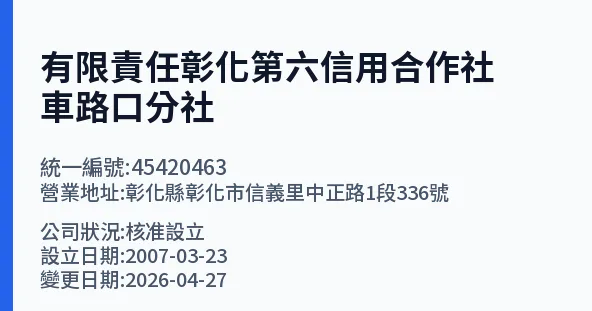 有限責任彰化第六信用合作社車路口分社的照片-統編 45420463(彰化縣) 公司登記資料與營業項目詳細圖表