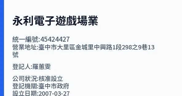 永利電子遊戲場業的照片-統編 45424427(臺中市) 公司登記資料與營業項目詳細圖表