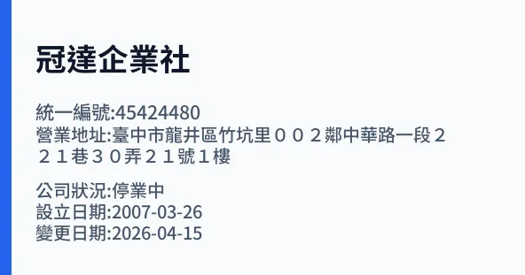冠達企業社的照片-統編 45424480(臺中市) 公司登記資料與營業項目詳細圖表