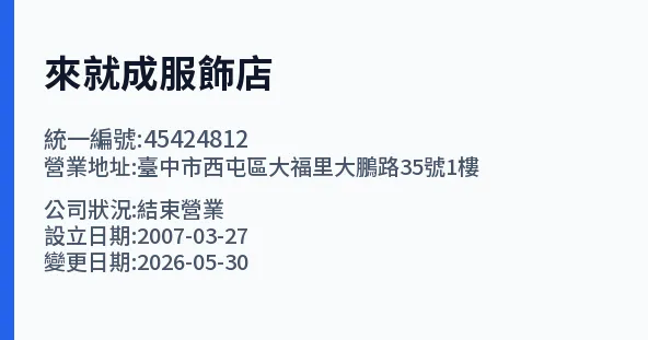 來就成服飾店的照片-統編 45424812(臺中市) 公司登記資料與營業項目詳細圖表