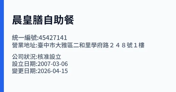 晨皇膳自助餐的照片-統編 45427141(臺中市) 公司登記資料與營業項目詳細圖表