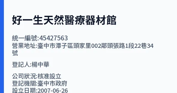 好一生天然醫療器材館的照片-統編 45427563(臺中市) 公司登記資料與營業項目詳細圖表