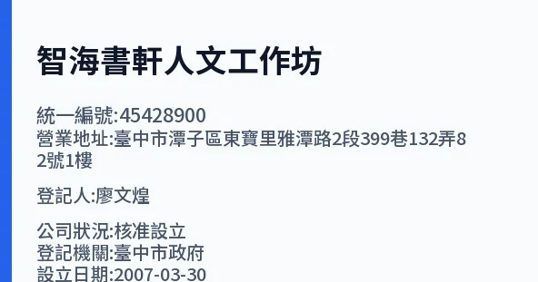 智海書軒人文工作坊的照片-統編 45428900(臺中市) 公司登記資料與營業項目詳細圖表