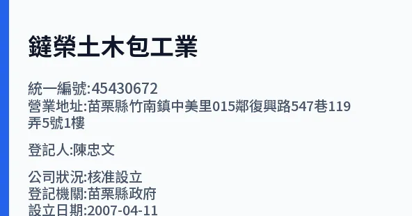 鐽榮土木包工業的照片-統編 45430672(苗栗縣) 公司登記資料與營業項目詳細圖表
