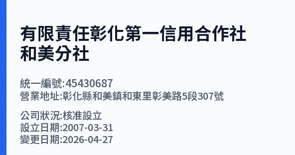 有限責任彰化第一信用合作社和美分社的照片-統編 45430687(彰化縣) 公司登記資料與營業項目詳細圖表