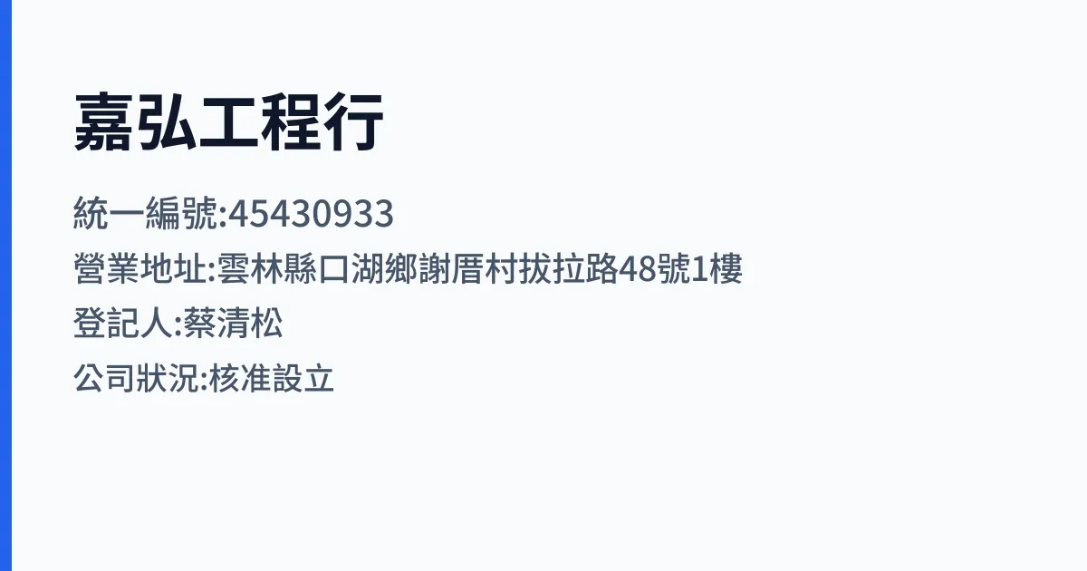 嘉弘工程行 - 統編 45430933(雲林縣) 公司登記資料與營業項目詳細圖表