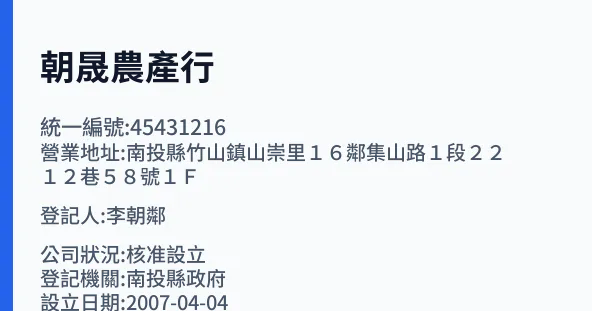 朝晟農產行的照片-統編 45431216(南投縣) 公司登記資料與營業項目詳細圖表