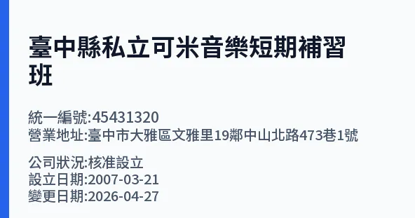 臺中縣私立可米音樂短期補習班的照片-統編 45431320(臺中市) 公司登記資料與營業項目詳細圖表