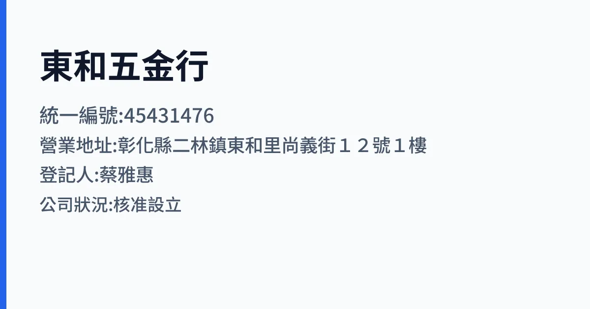 東和五金行 - 統編 45431476(彰化縣) 公司登記資料與營業項目詳細圖表