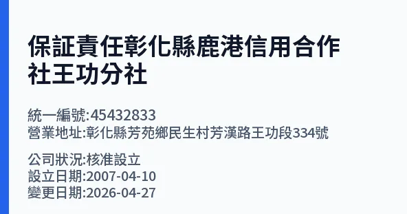 保証責任彰化縣鹿港信用合作社王功分社的照片-統編 45432833(彰化縣) 公司登記資料與營業項目詳細圖表