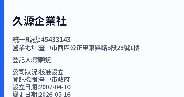 久源企業社的照片-統編 45433143(臺中市) 公司登記資料與營業項目詳細圖表