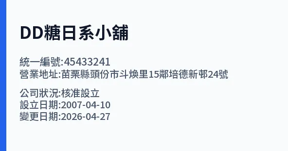 DD糖日系小舖的照片-統編 45433241(苗栗縣) 公司登記資料與營業項目詳細圖表