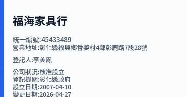 福海家具行的照片-統編 45433489(彰化縣) 公司登記資料與營業項目詳細圖表