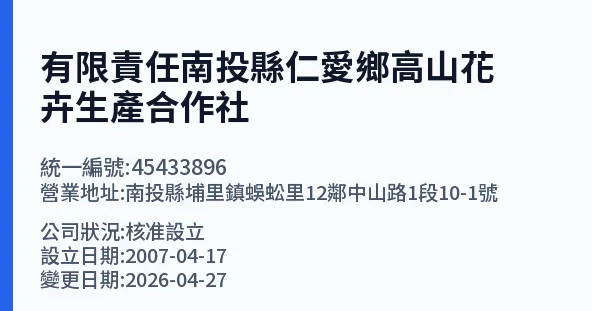 有限責任南投縣仁愛鄉高山花卉生產合作社的照片-統編 45433896(南投縣) 公司登記資料與營業項目詳細圖表