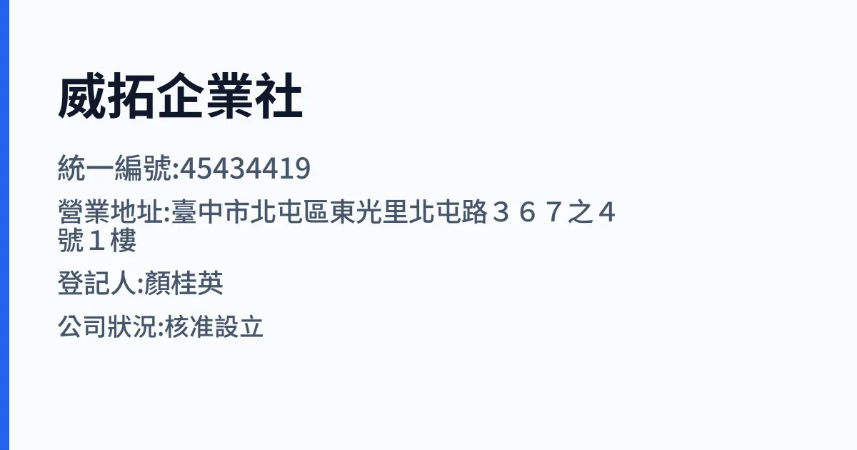 威拓企業社 - 統編 45434419(臺中市) 公司登記資料與營業項目詳細圖表