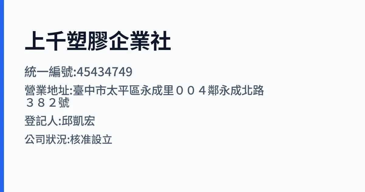 上千塑膠企業社 - 統編 45434749(臺中市) 公司登記資料與營業項目詳細圖表
