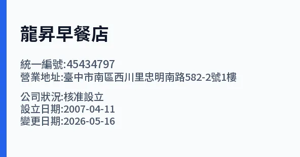 龍昇早餐店的照片-統編 45434797(臺中市) 公司登記資料與營業項目詳細圖表