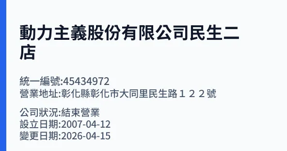 動力主義股份有限公司民生二店的照片-統編 45434972(彰化縣) 公司登記資料與營業項目詳細圖表