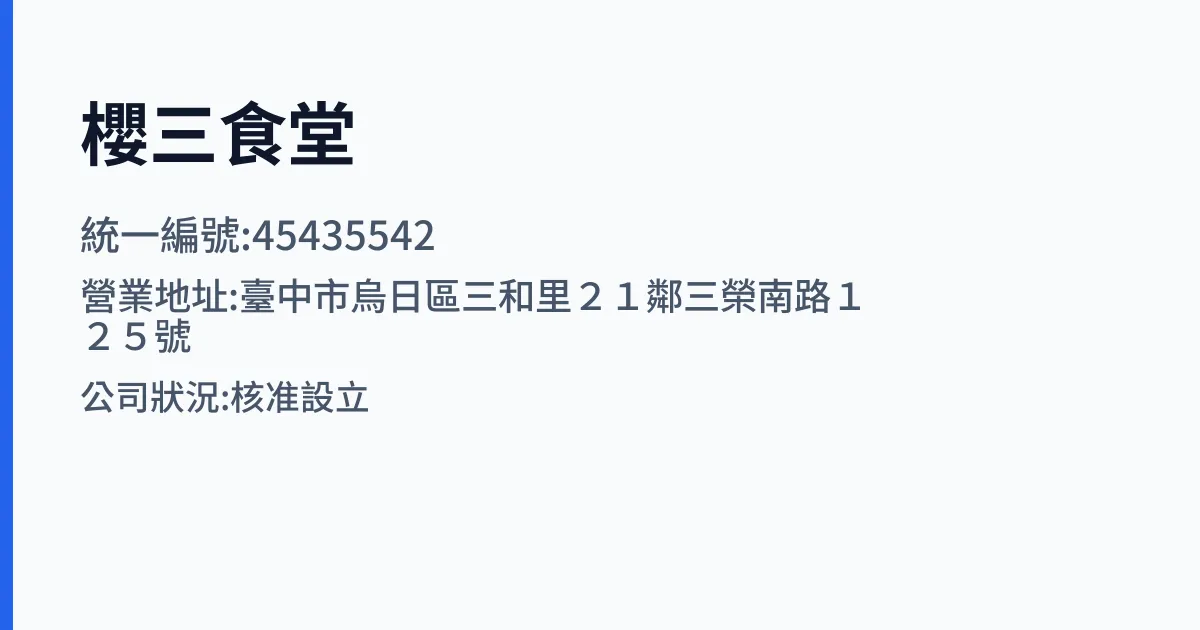 櫻三食堂 - 統編 45435542(臺中市) 公司登記資料與營業項目詳細圖表