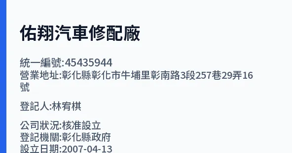 佑翔汽車修配廠的照片-統編 45435944(彰化縣) 公司登記資料與營業項目詳細圖表