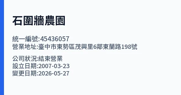 石圍牆農園的照片-統編 45436057(臺中市) 公司登記資料與營業項目詳細圖表