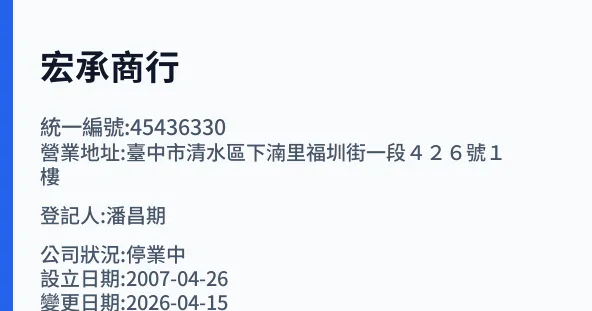 宏承商行的照片-統編 45436330(臺中市) 公司登記資料與營業項目詳細圖表