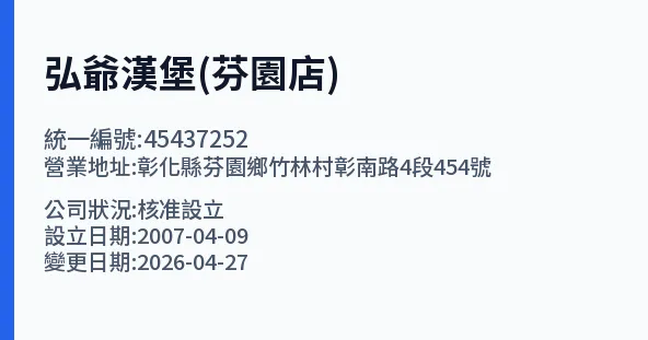 弘爺漢堡(芬園店)的照片-統編 45437252(彰化縣) 公司登記資料與營業項目詳細圖表
