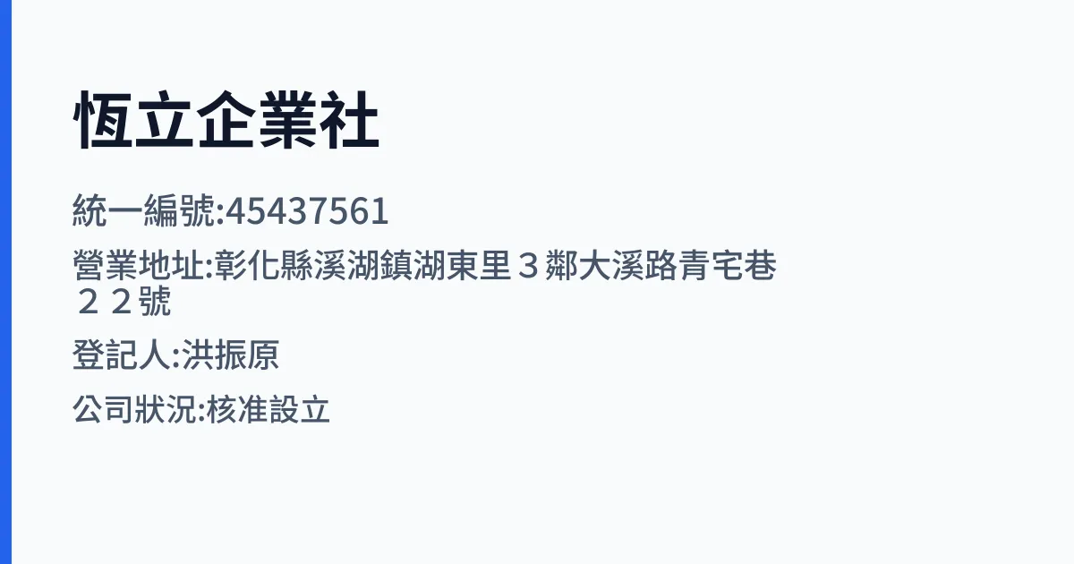 恆立企業社 - 統編 45437561(彰化縣) 公司登記資料與營業項目詳細圖表