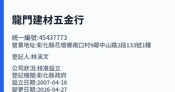 龍門建材五金行的照片-統編 45437773(彰化縣) 公司登記資料與營業項目詳細圖表